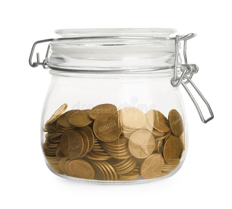 Glass Jar with Coins Isolated on White Stock Photo - Image of coins ...