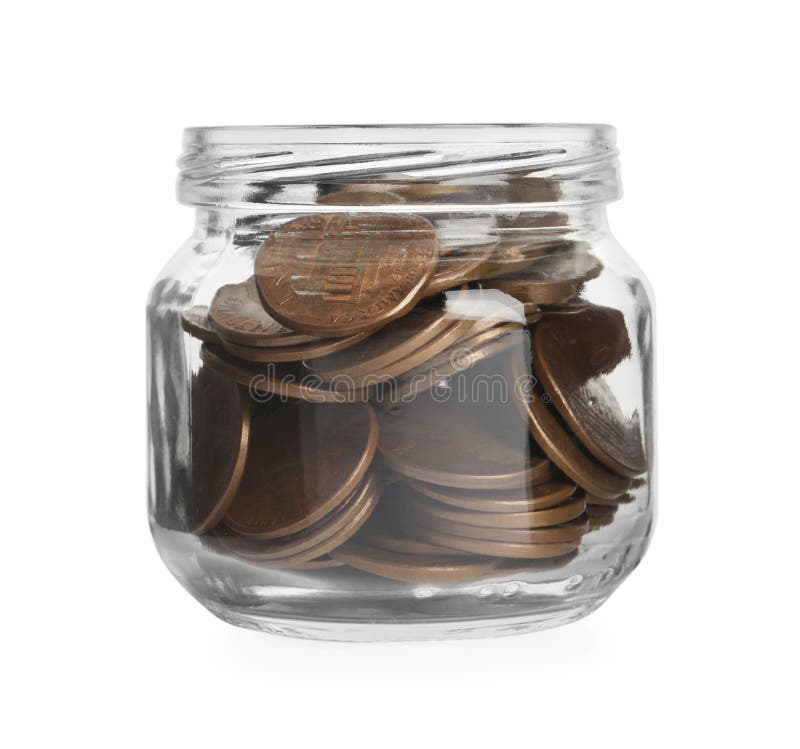 Glass Jar with Coins Isolated on White Stock Image - Image of budget ...