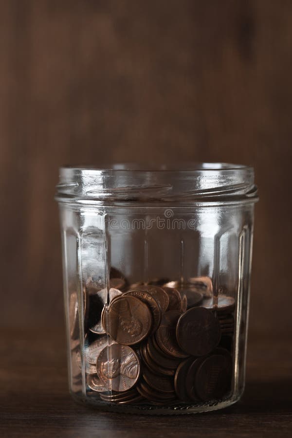 Glass Jar with Coins on Wooden Table, Closeup Stock Image - Image of ...
