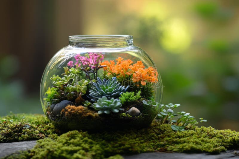 Glass Jar Containing Small Plants and Flowers Growing, Creating a ...
