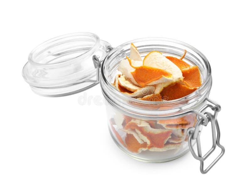 Glass Jar with Dry Orange Peels Isolated on White Stock Photo - Image ...