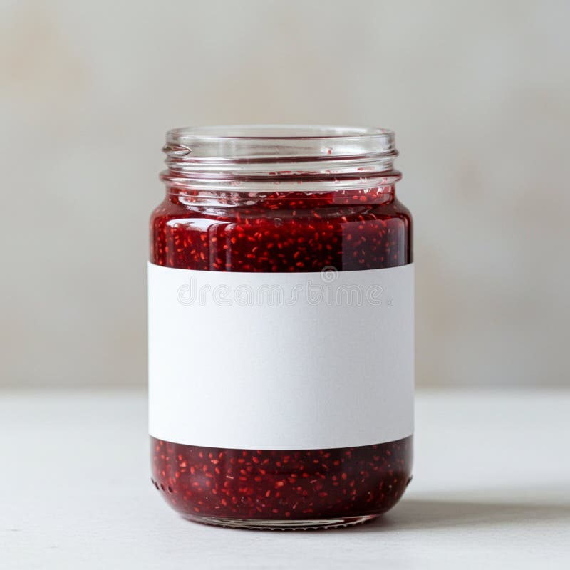Glass Jar Filled with Raspberry Jam, Featuring a Plain White Label. the ...