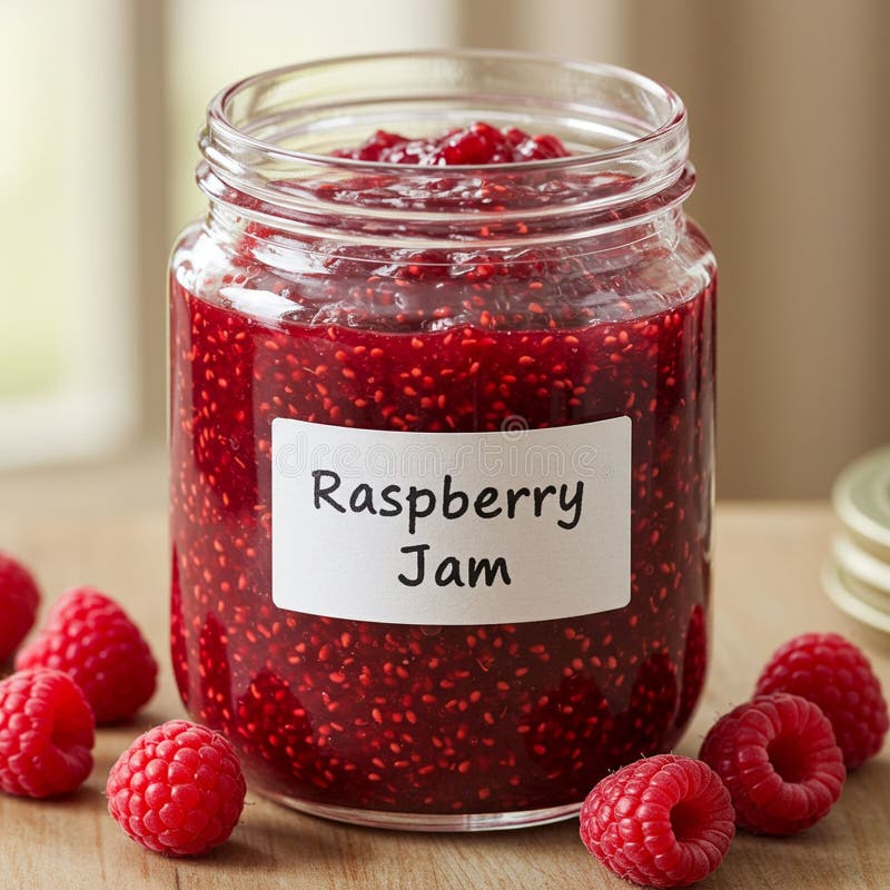 A Glass Jar Filled with Red Raspberry Jam, Labeled "Raspberry Jam ...