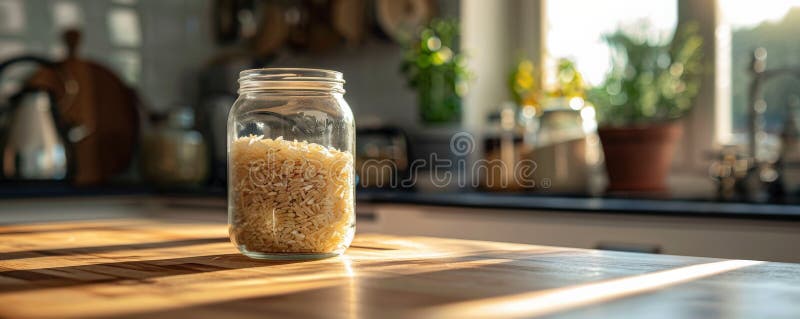 A Glass Jar Filled with Rice Cereal, Sitting on a Kitchen Counter with ...