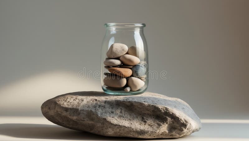 A Glass Jar Filled with Rocks Sitting on Top of a Rock Stock Image ...