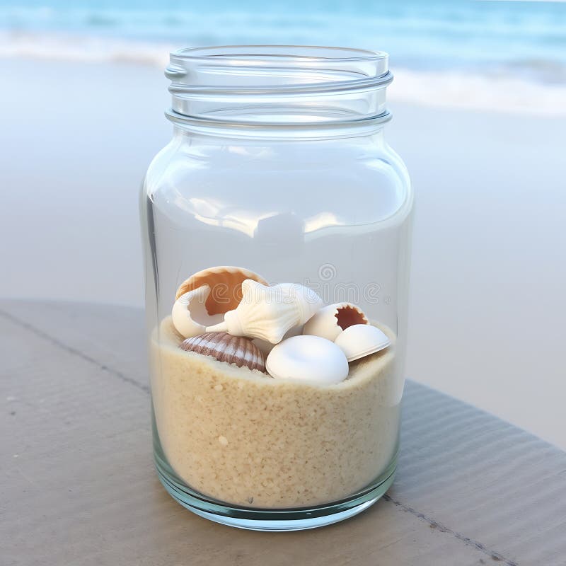 A Glass Jar Filled with Sand and Seashells from a Tropical Beach Stock ...