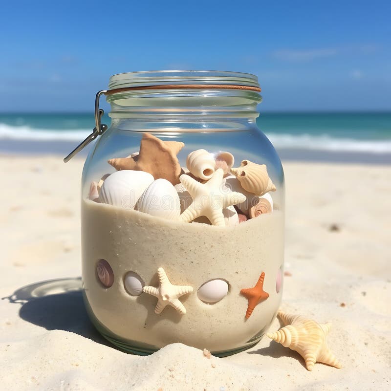 A Glass Jar Filled with Sand and Seashells from a Tropical Beach Stock Illustration ...