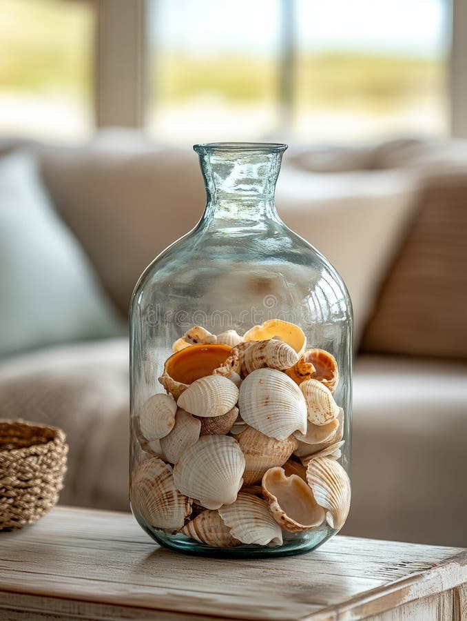 Glass Jar Filled with Seashells, Cozy Home Setting. Stock Photo - Image ...