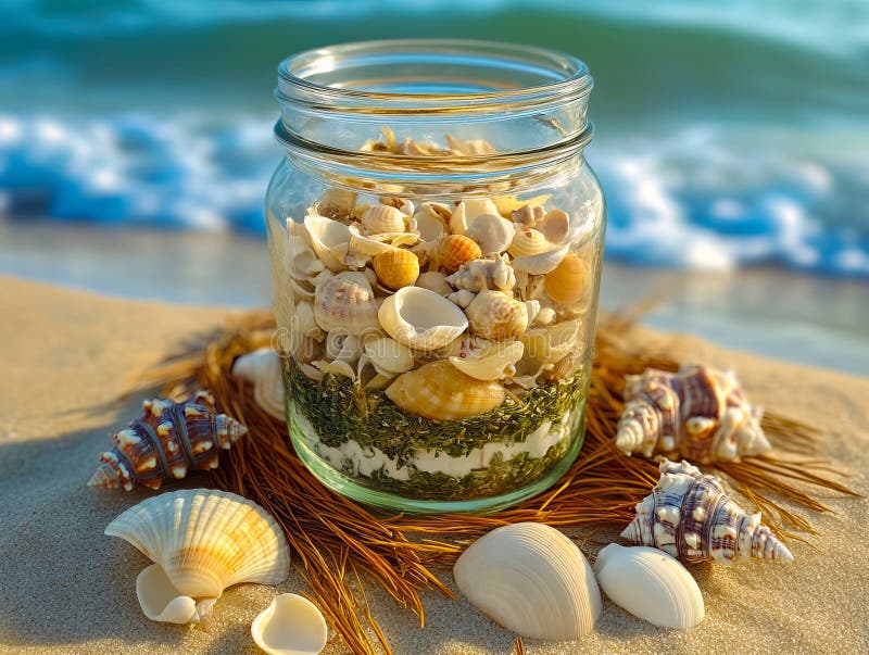 A Glass Jar Filled with Shells on a Sandy Beach Stock Image - Image of ...
