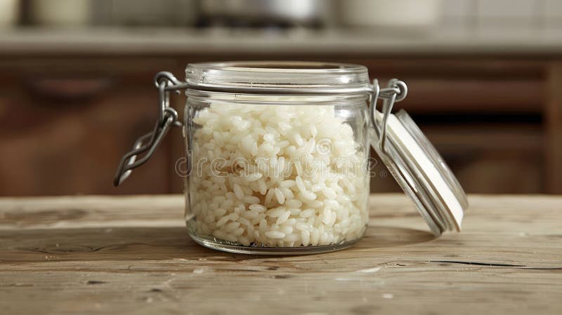 Glass Jar of Cooked Rice on Rustic Wooden Table Stock Illustration ...