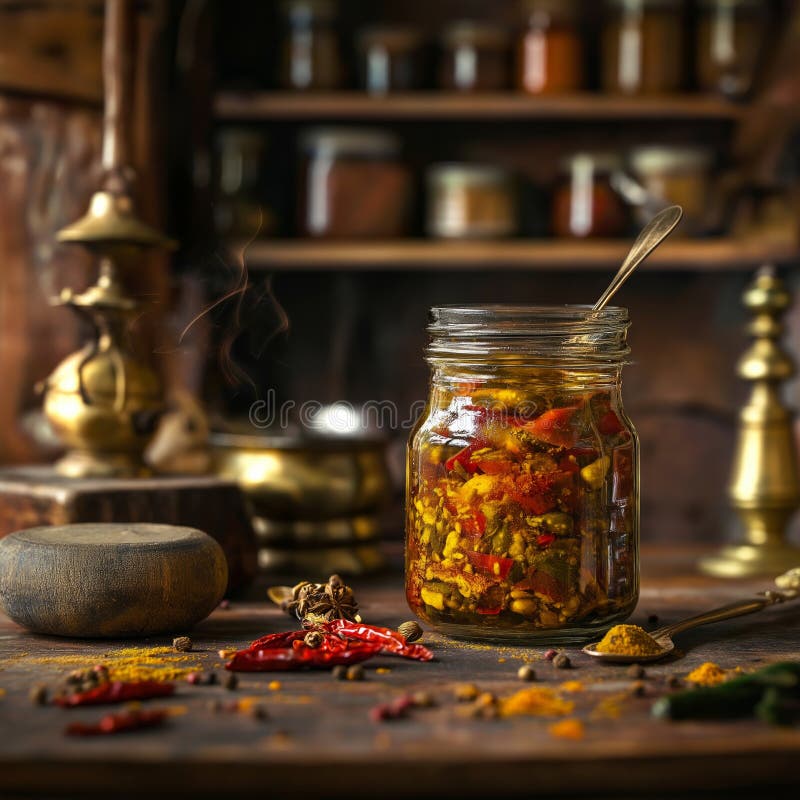 Rustic Kitchen with Indian Pickles in a Glass Jar and Assorted Spices ...