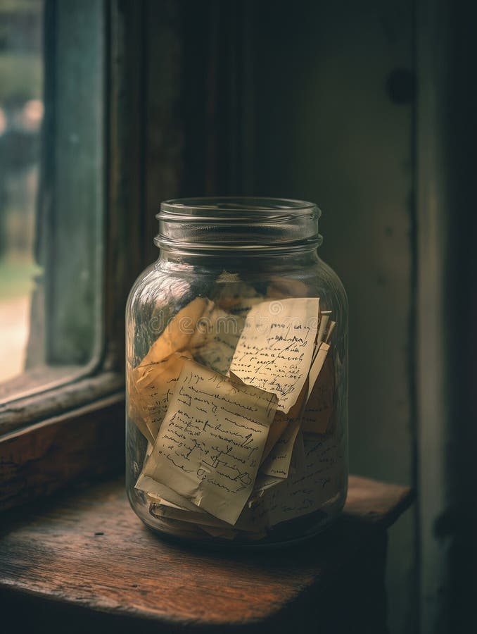 Glass Jar Holds Scattered Handwritten Notes Placed on a Wooden Surface ...