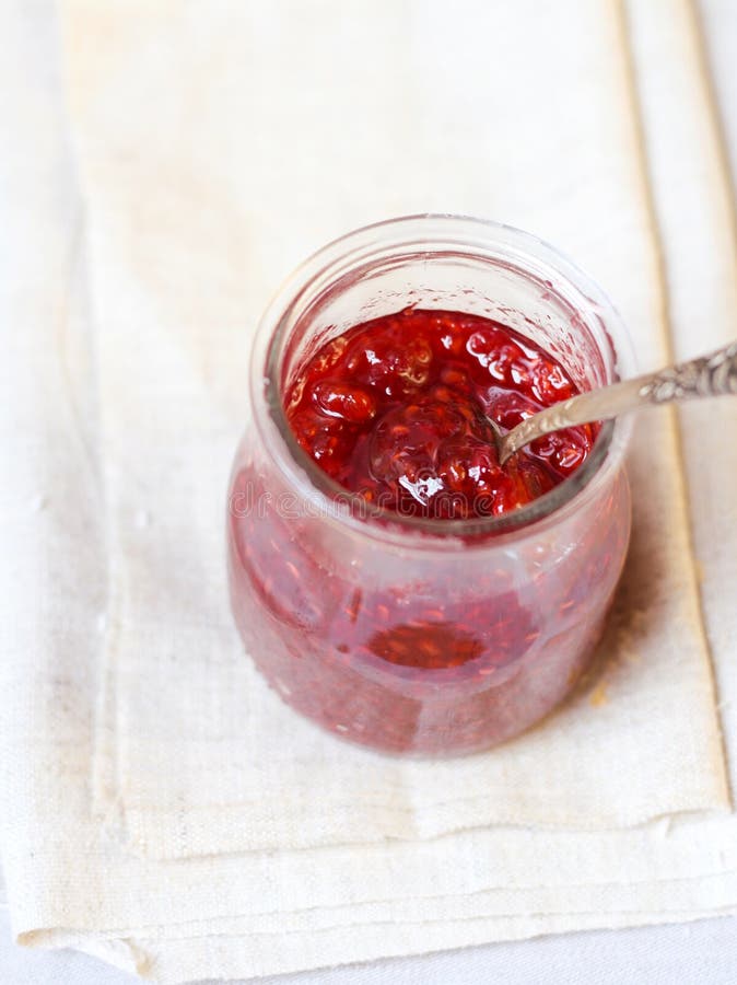 Glass Jar with Homemade Raspberry Jam Stock Photo - Image of seeds ...