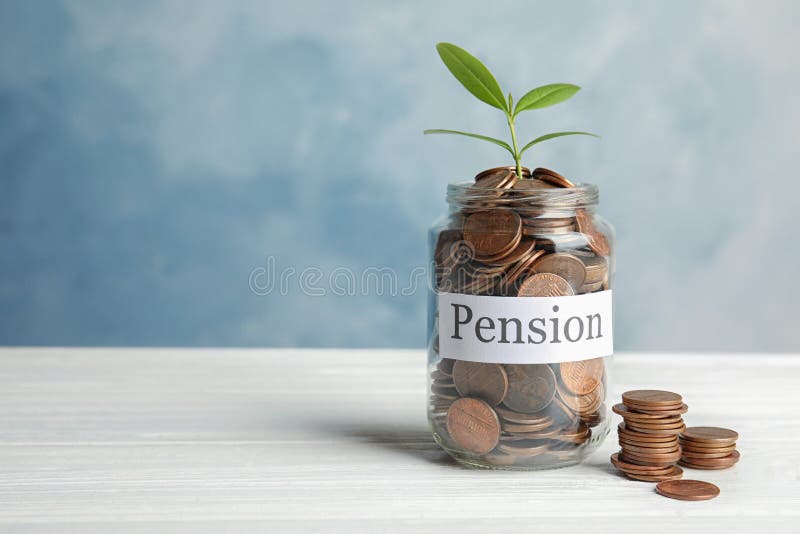 Glass Jar with Label PENSION, Coins and Green Plant on White Table ...