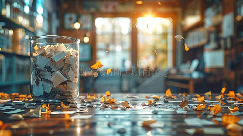 Glass Jar Overflowing with Crumpled Papers in a Creative Studio Setting ...