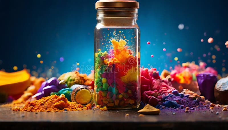 Jar Filled with Vibrant Colored Powders and Artistic Explosion Effect ...