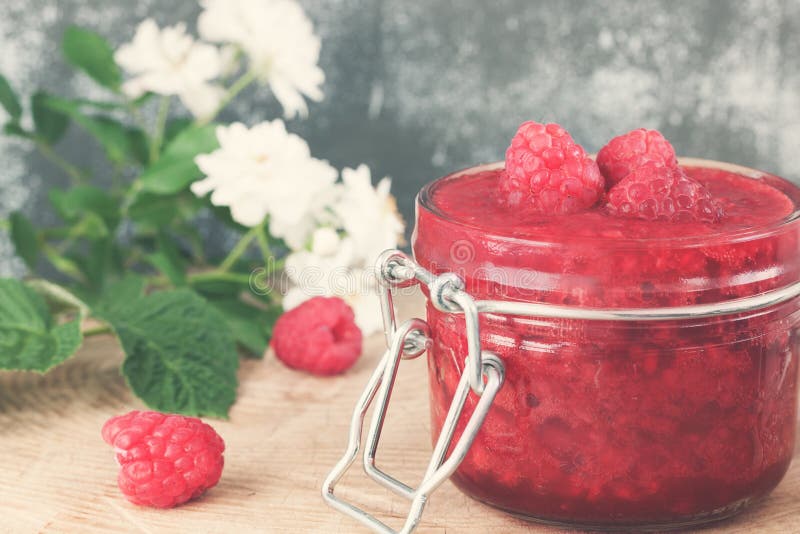 Glass Jar with Raspberry Jam Stock Photo - Image of raspberries ...