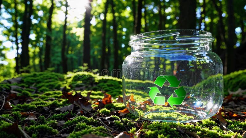 Glass Jar with Recycling Symbol in Forest, Environmental Conservation ...