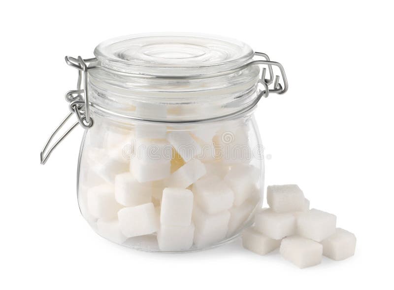 Glass Jar and Refined Sugar Cubes on White Background Stock Image ...