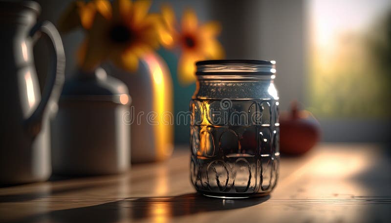 A Glass Jar Sitting on a Table Next To a Vase. Generative Ai Stock ...