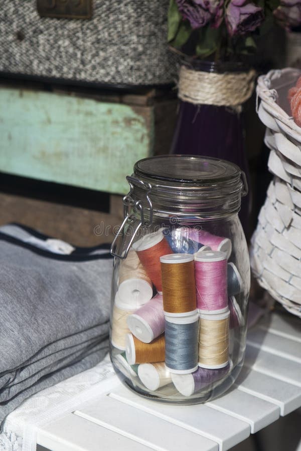 Glass Jar with a Spool of Thread Stock Photo - Image of handicraft ...