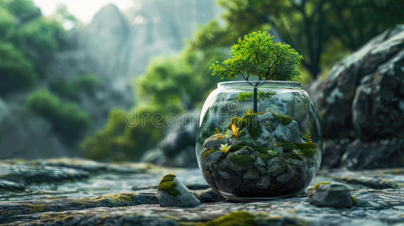 A Glass Jar with Stones and Tree Inside Creating a Magical Atmosphere ...
