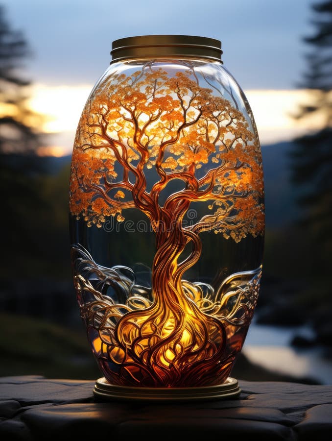A Glass Jar with a Tree Inside of it Stock Image - Image of flame ...