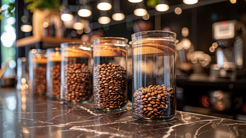 Coffee Beans Display Glass Jars Modern Cafe Interior Stock Photos ...