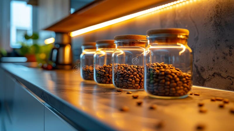 Glass Jars with Coffee Beans on Kitchen Counter Stock Photo - Image of ...