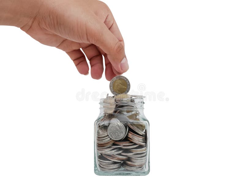 Glass Jars with Coins on Reflective Surface Isolated on White. Stock ...