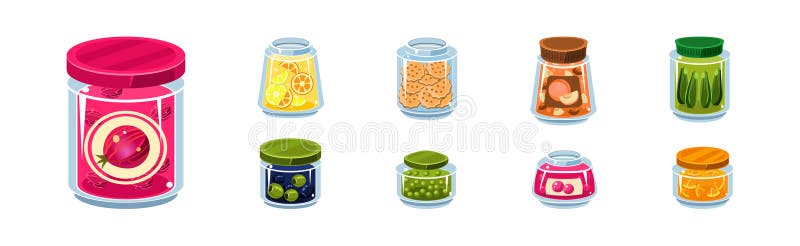 Glass Jars Collection with Different Food Inside Vector Set Stock ...