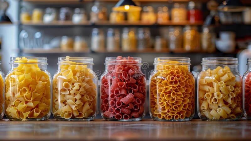 Glass Jars with Different Pasta on a Shelf Stock Photo - Image of ...