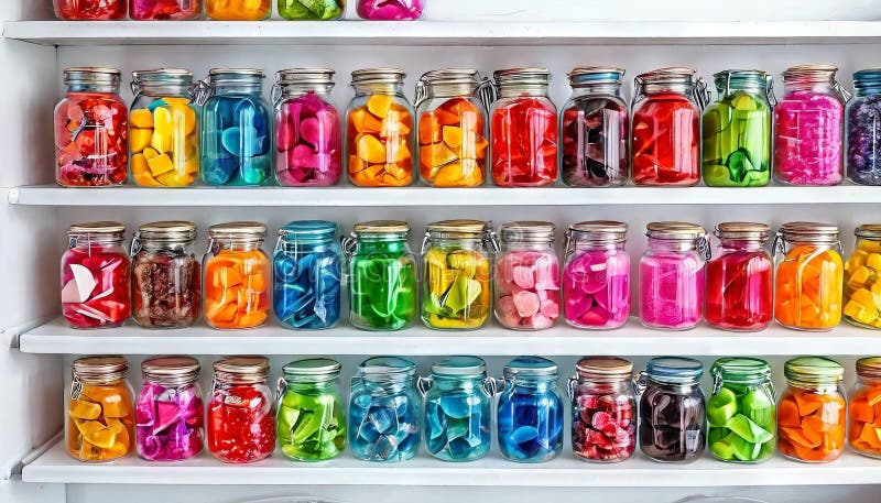 Glass Jars Filled with Assorted Colorful Objects on White Shelves Stock ...