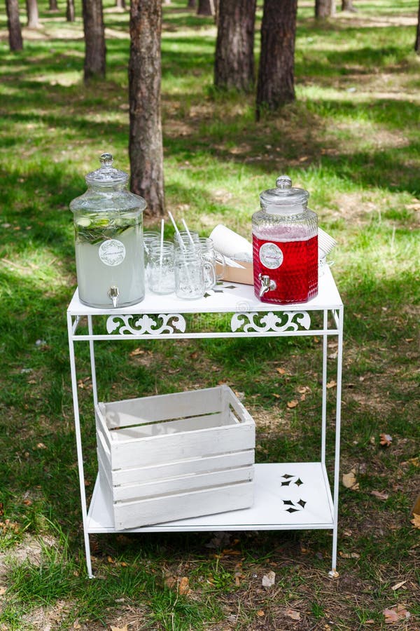 Glass Jars of Fresh Lemonade on Wedding Candy Bar. Summer Party Stock ...