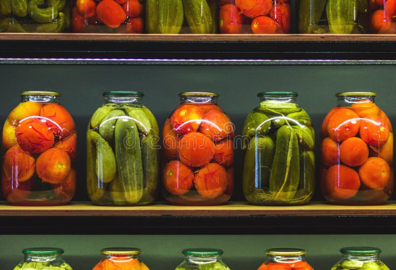 Glass jars with pickles. stock image. Image of rack - 112677725