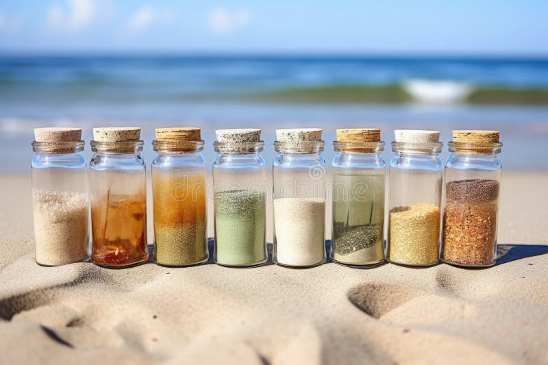 Glass Jars with Sand Samples from Different Beaches Stock Image - Image ...