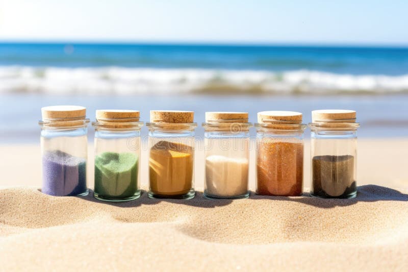 Glass Jars with Sand Samples from Different Beaches Stock Illustration ...