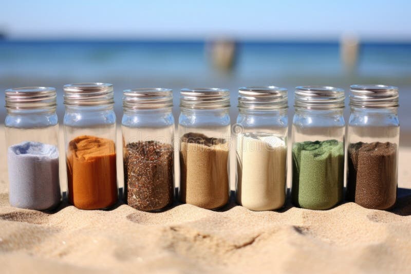 Glass Jars with Sand Samples from Different Beaches Stock Image - Image ...