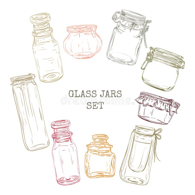 Glass Jars Set. Vintage Hand Drawn Vector Stock Vector - Illustration ...