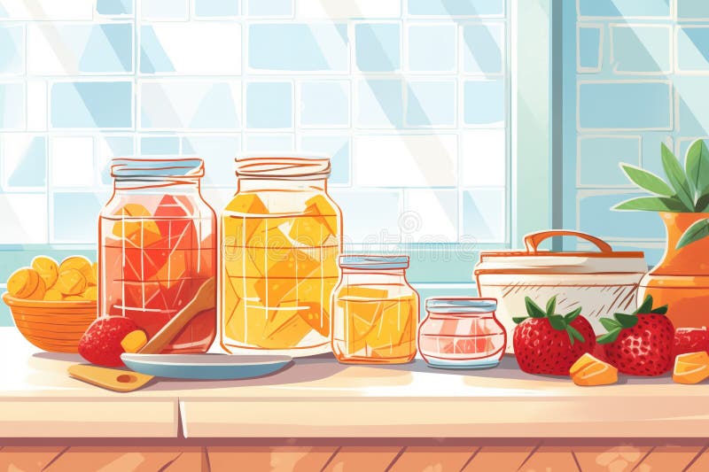 Glass Jars with Summer Fruits Jam on a Kitchen Counter Stock Photo ...