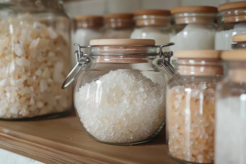 Glass Jars with White Pink and Sea Salt, Storage in the Kitchen ...