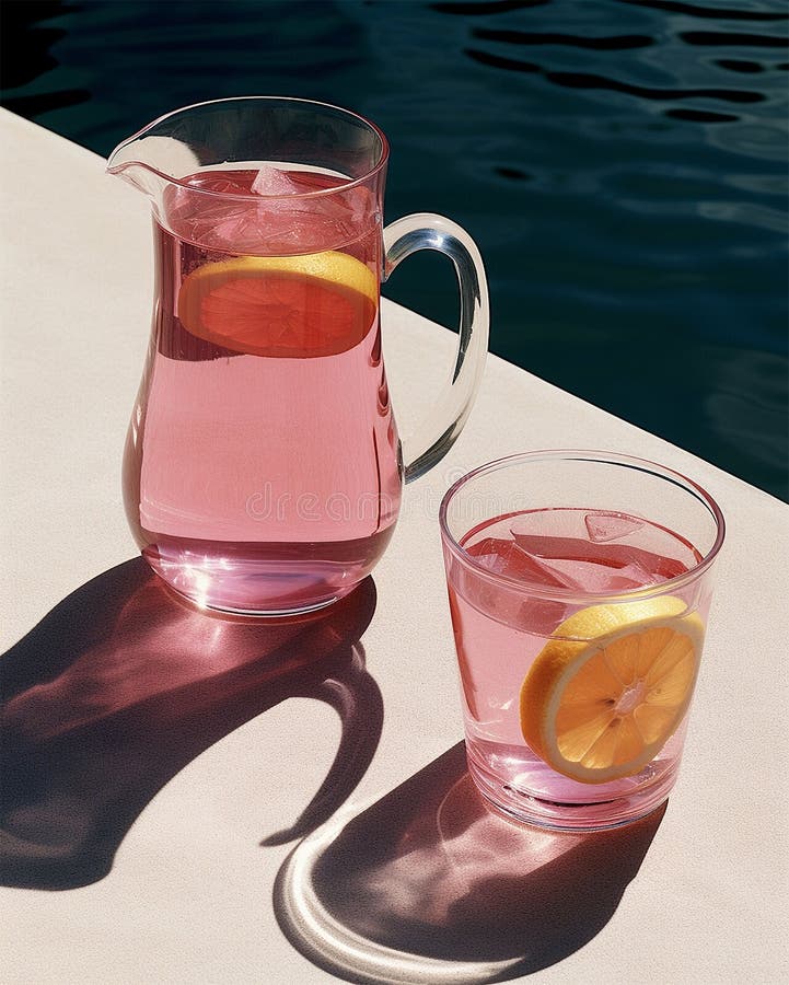 Glass Jug Filled with a Refreshing Pink Drink with Lemon. AI-generated ...