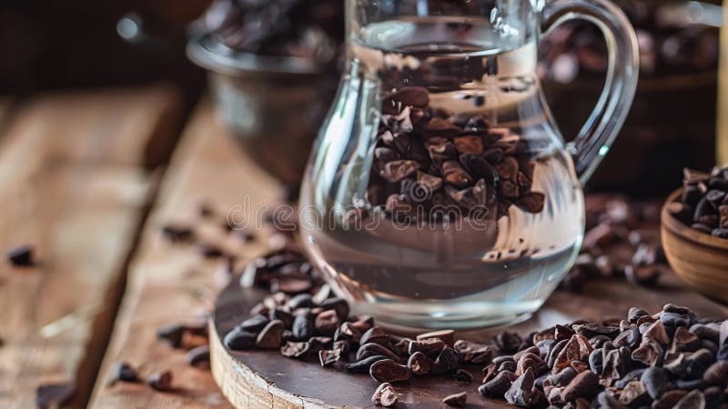 Glass Jug Filled with Water and Cacao Bean Pieces on Rustic Wooden ... Glass Jug Filled with Water and Cacao Bean Pieces on Rustic Wooden ...