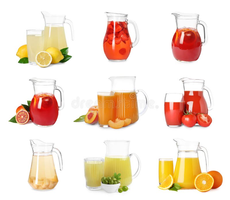 Glass Jugs with Different Juices Isolated on White, Set Stock Image ...