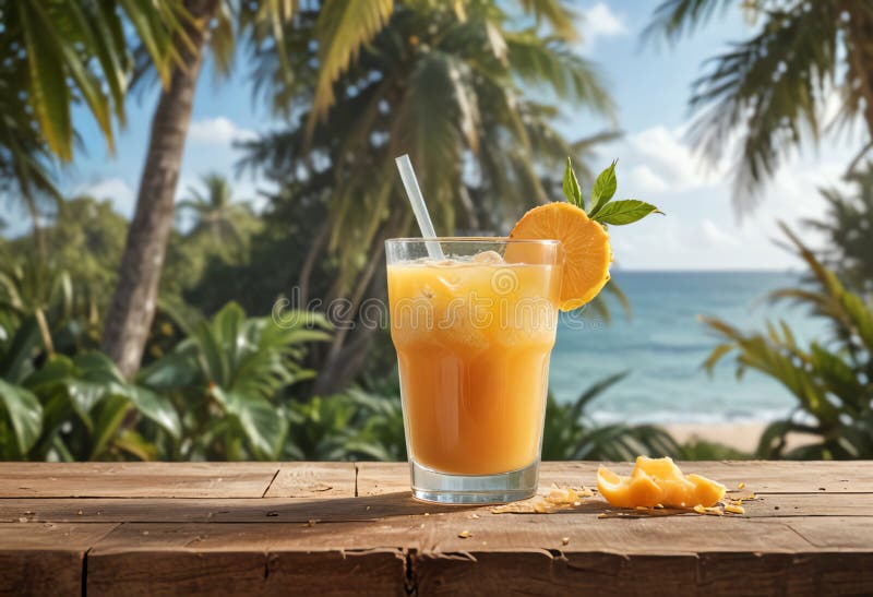 A Glass of Juice on Wooden Table with Tropical Beach Stock Illustration ...