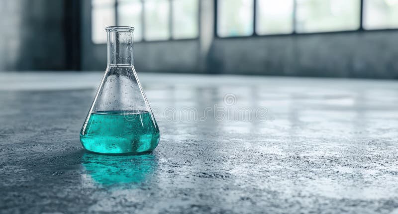 Glass Laboratory Beaker with Green Liquid on a Reflective Surface Stock ...