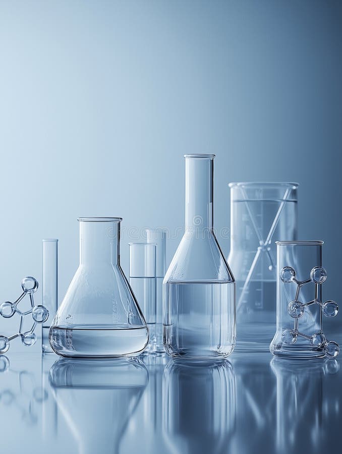 Clear Laboratory Glassware Filled with Liquid on a Reflective Surface ...