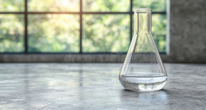 Glass Laboratory Flask with Liquid on Table Near Window Stock ...