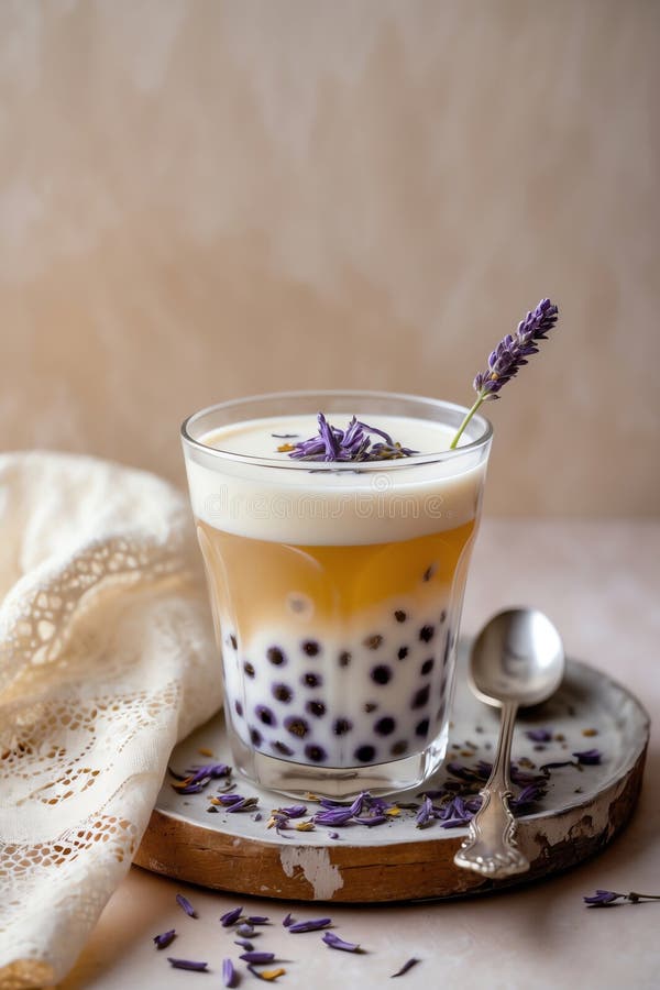 A Glass of Layered Lavender Bubble Tea Garnished with a Lavender Sprig ...