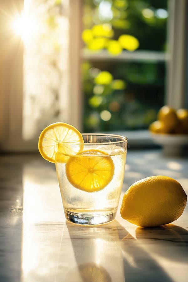 Glass of Lemon Water Garnished with Lemon Slices, Sunlight Streaming in ...